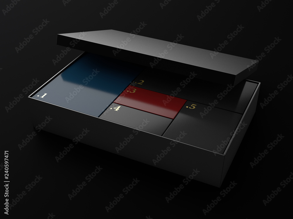 3d Illustration of Opened Square Black Box Mockup with five square box ...