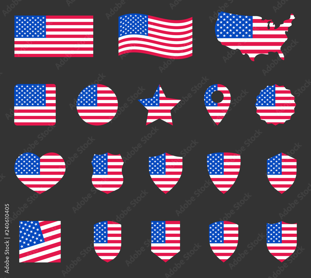 USA flag symbols set, United states of America national flag icons ...