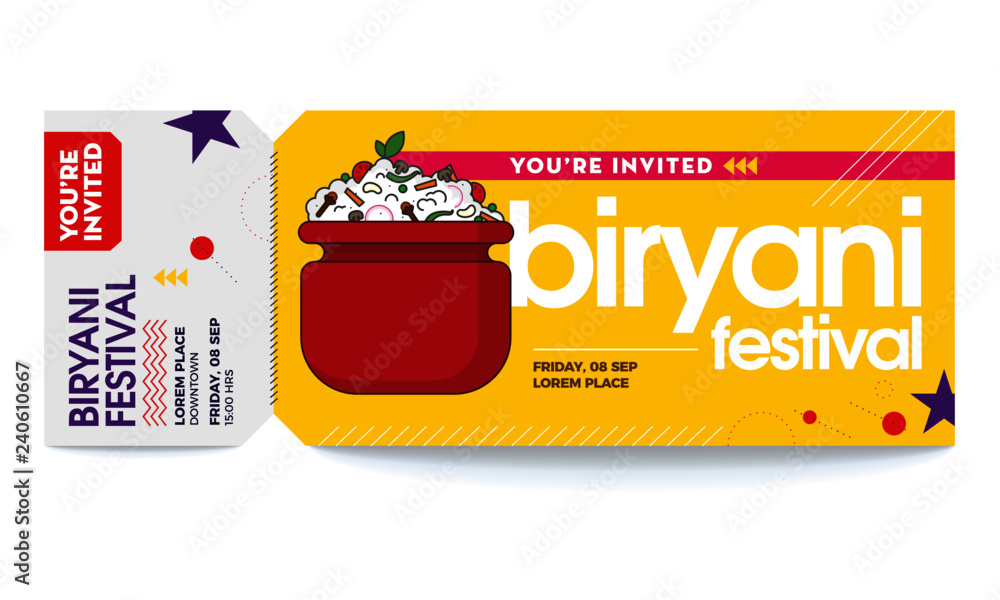 Biryani Vector Illustration. Biryani Party Vector Tickets Template. You ...