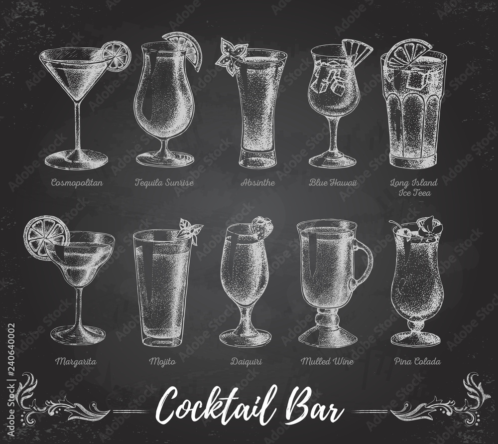 Vintage chalk drawing cocktail bar menu. Sketch art Stock Vector ...