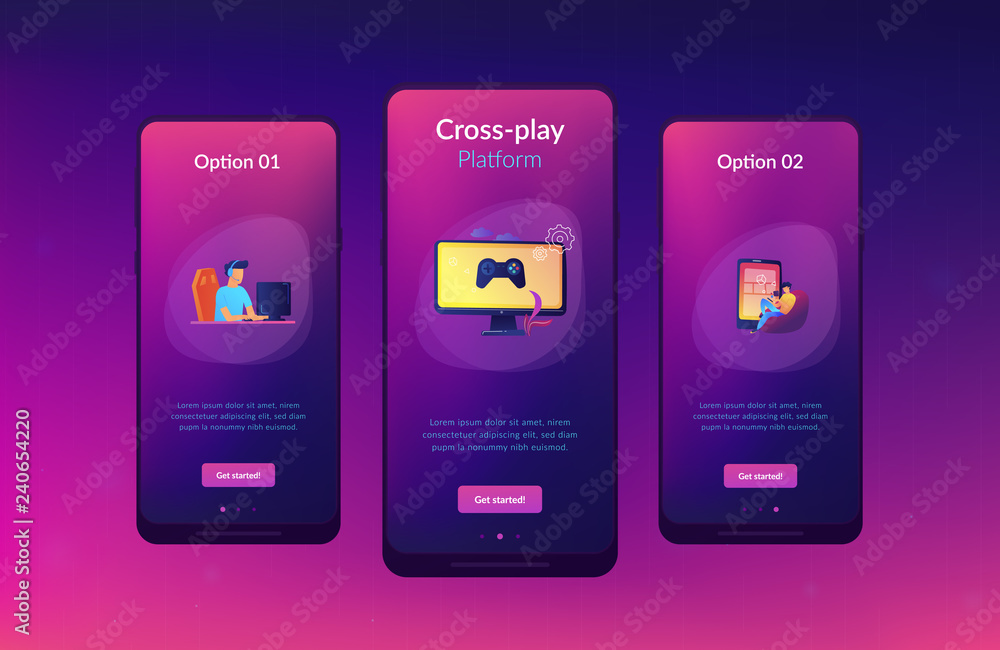 Gamers play video game on different hardware platforms. Cross-platform ...