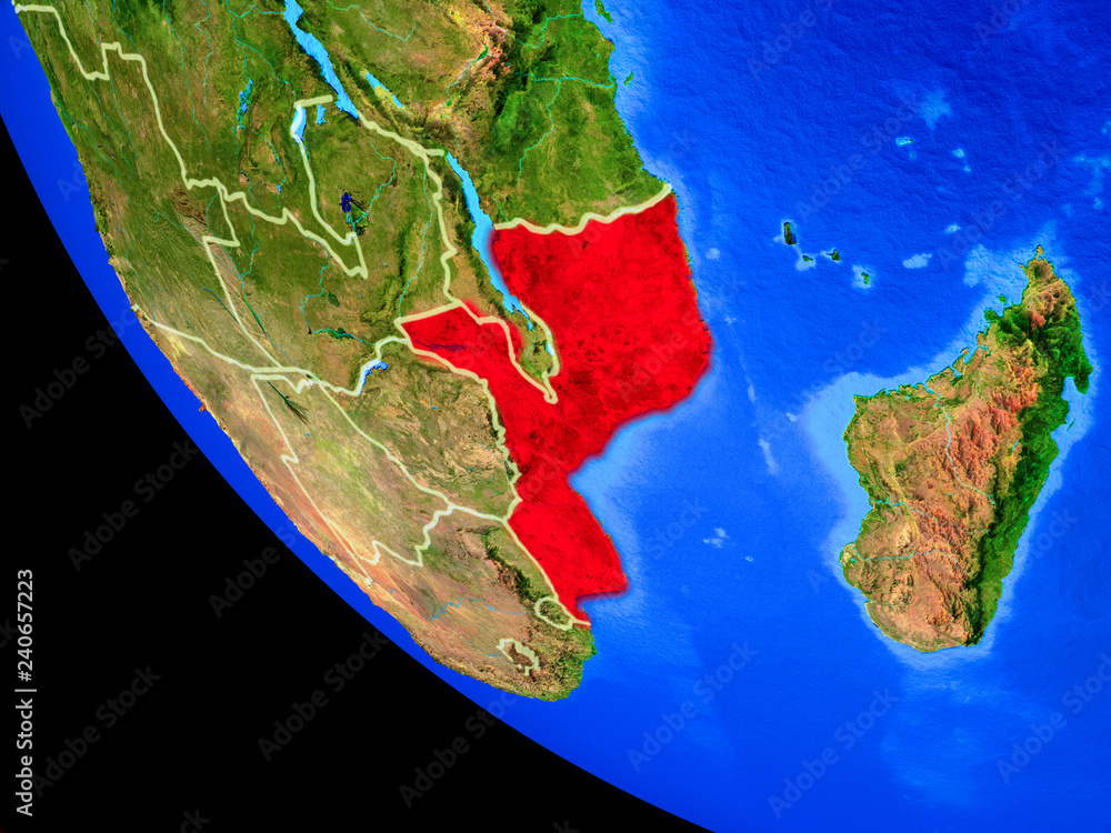 Mozambique on realistic model of planet Earth with country borders and ...