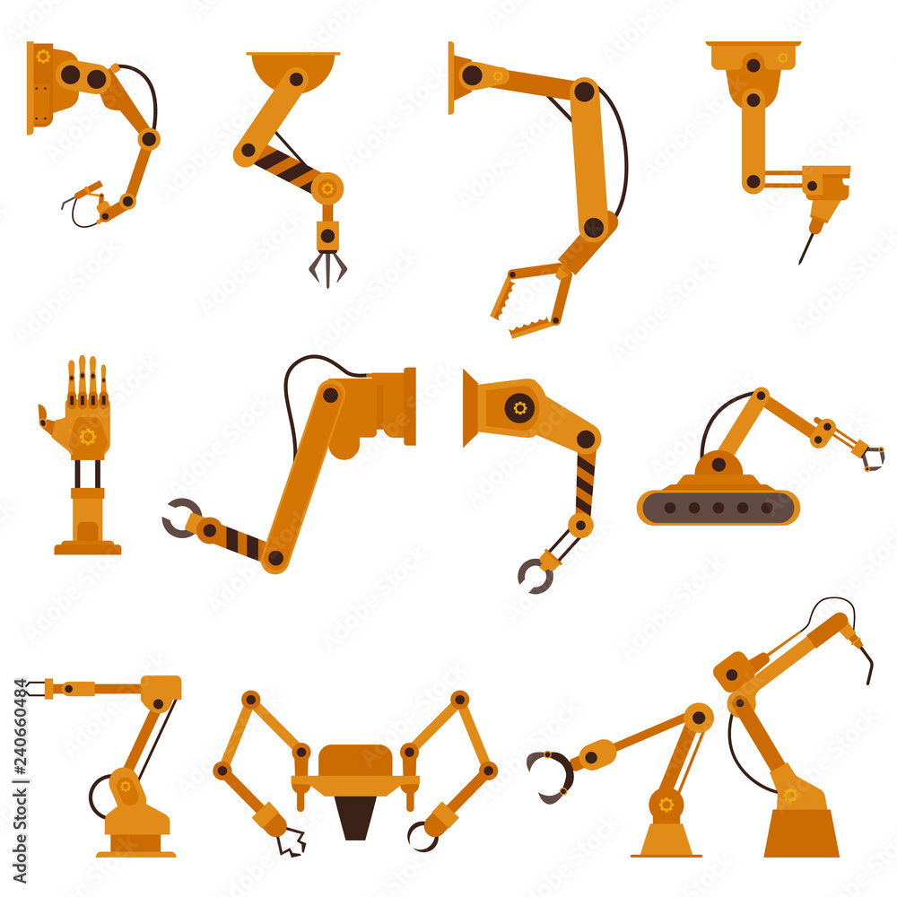 Vector illustration set of industrial manufacturing automation robotic ...