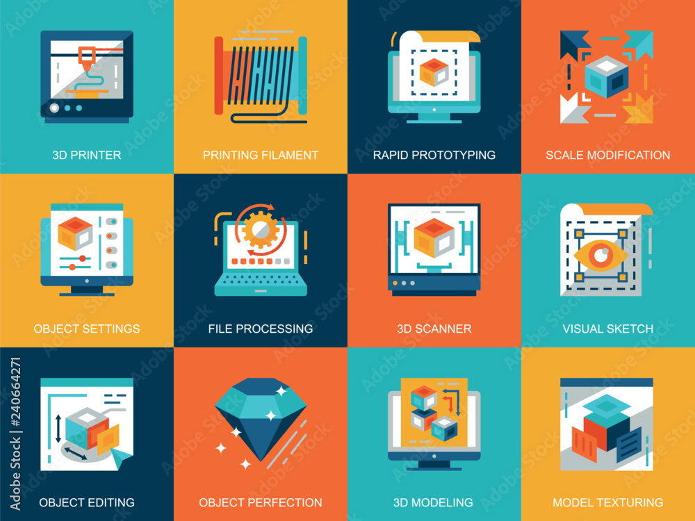 Flat conceptual 3D printing and modeling icons concepts set for website ...