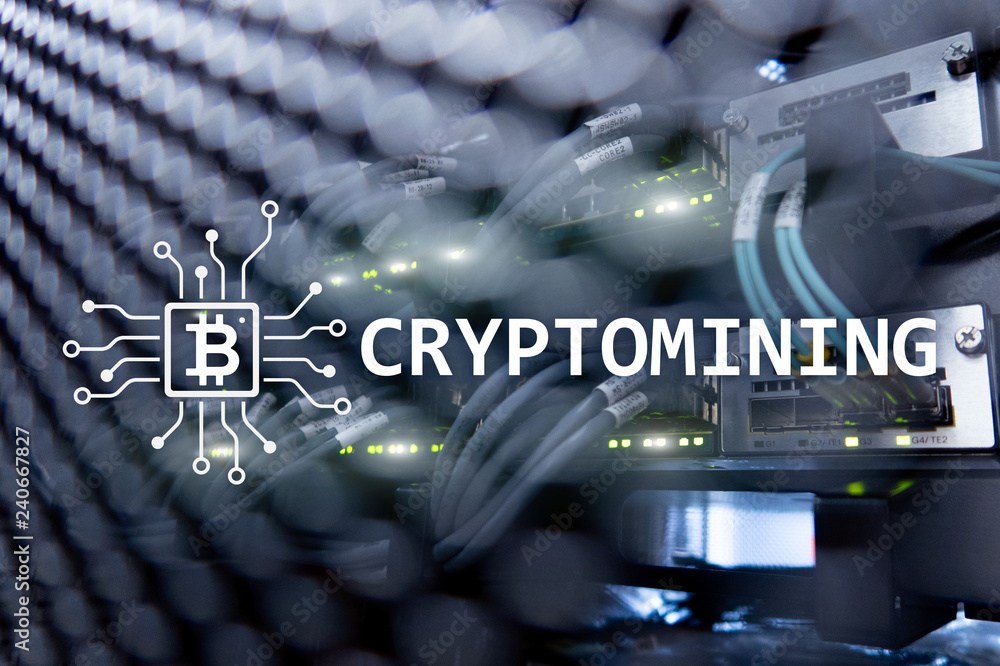 Cryptocurrency mining concept on server room background. Stock Photo ...