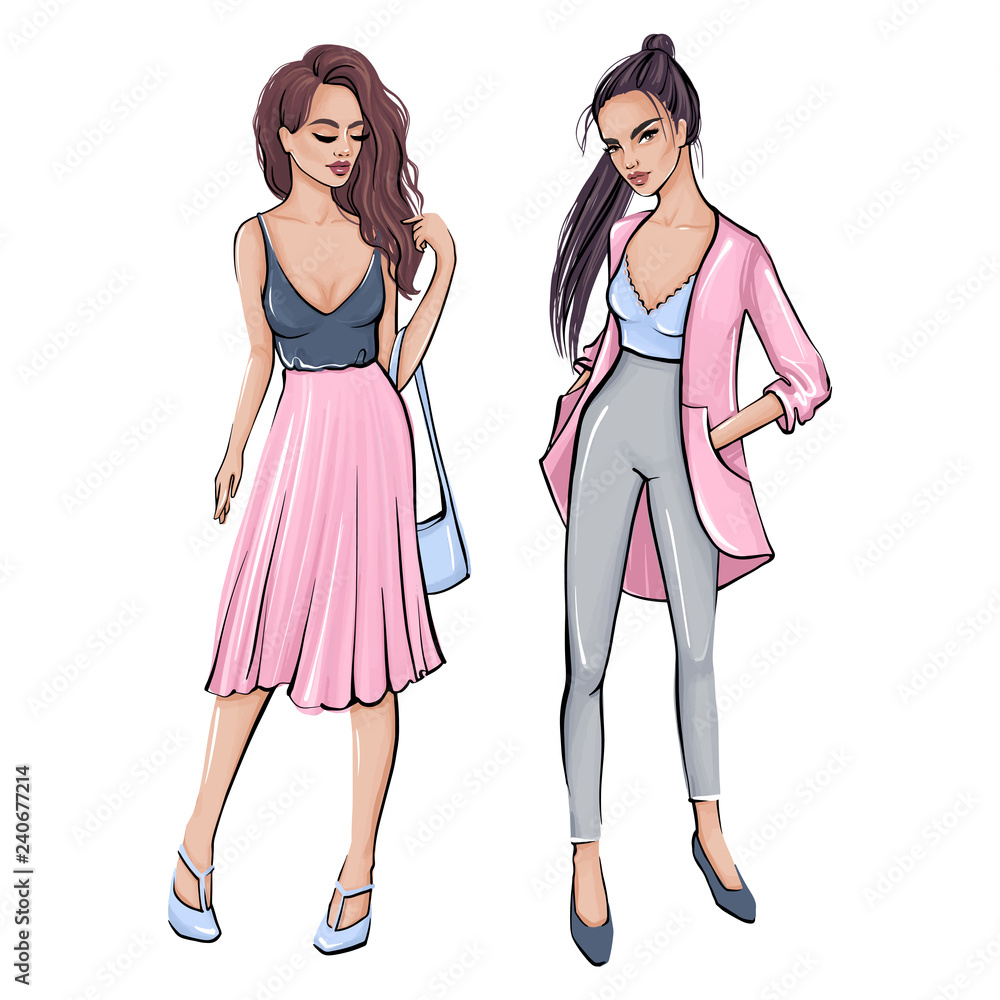 Stylish girl in fashion clothes. Hand drawn beautiful girl. Stock ...