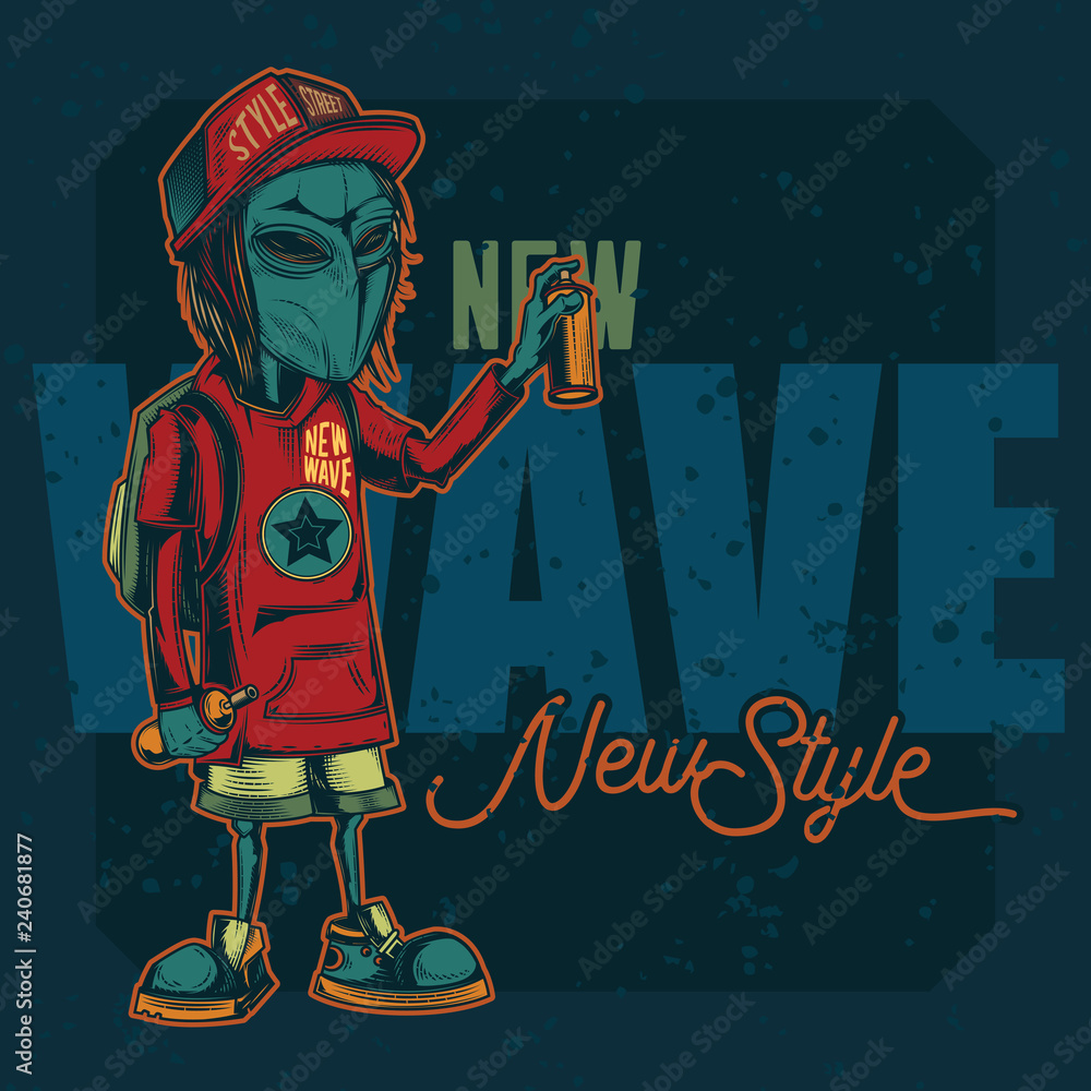 Original vector illustration in retro style. Alien in a cap, with a can ...