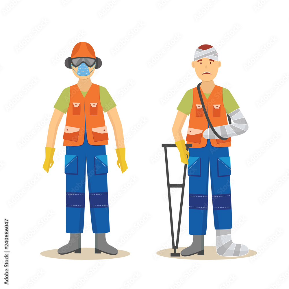 Vector safety first concept with man worker in protective uniform and ...