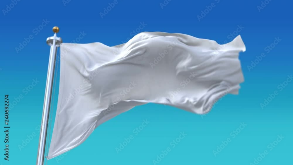 looping Blank plain white flag with flagpole waving in wind.A fully ...