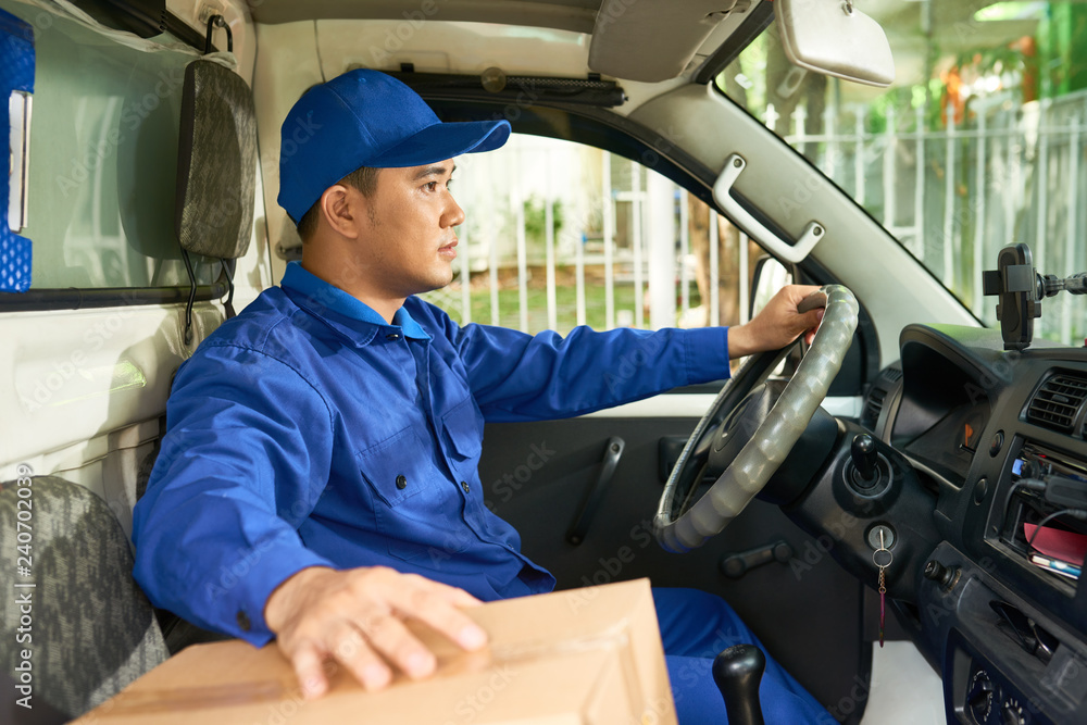 Young Vietnamese delivery man driving truck loaded with parcels Stock ...
