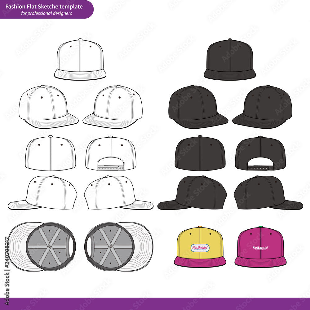 Snapback Cap set Fashion flat technical drawing Stock Vector | Adobe Stock