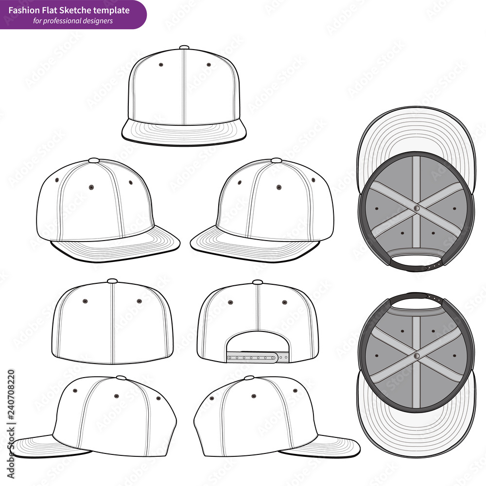 Snapback Cap set Fashion flat technical drawing Stock Vector | Adobe Stock