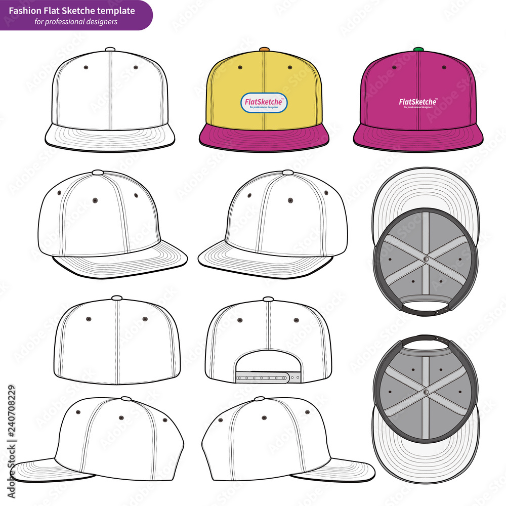 Snapback Cap set Fashion flat technical drawing Stock Vector | Adobe Stock