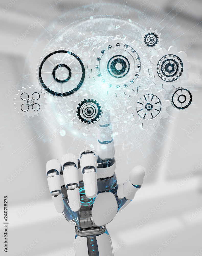 White humanoid robot hand using digital gears 3D rendering Stock ...