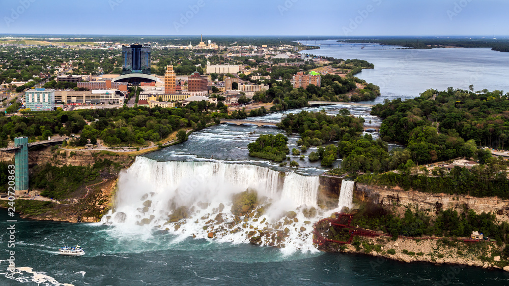 Niagara Falls, USA. Panoramic view of the river, observation tower, the ...