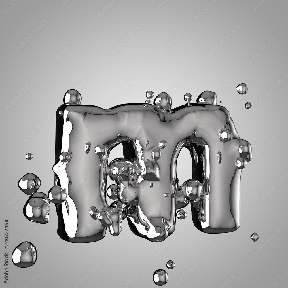 3D mercury letter M lowercase. 3D rendering liquid metal font with ...