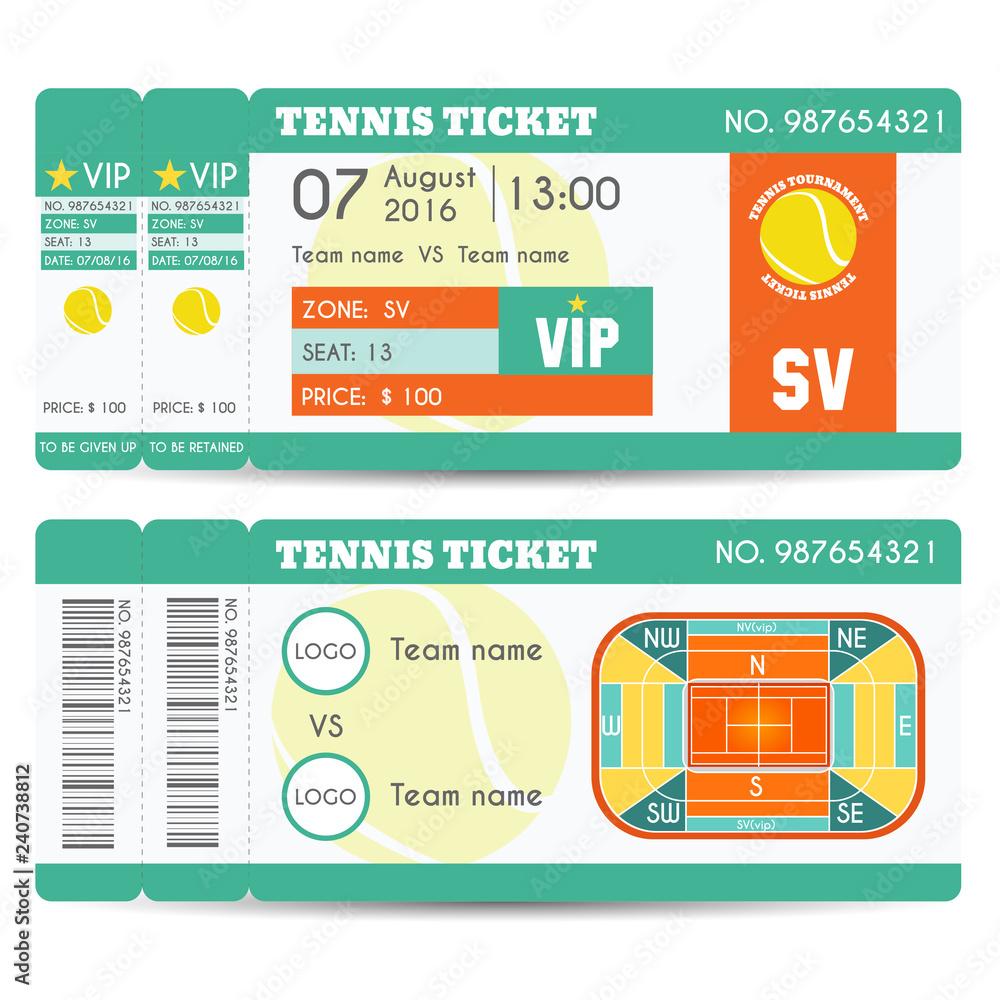 Tennis Ticket Modern Design. Tennis ball, field, stadium scheme with ...