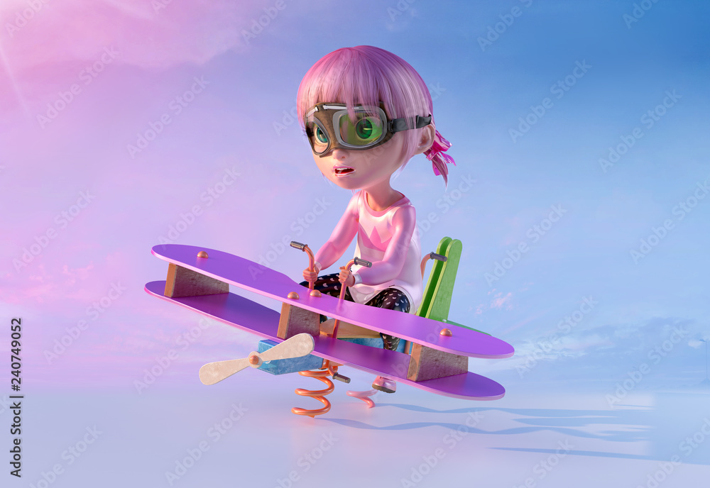 Cute cartoon girl swinging on a spring airplane seesaw in children ...