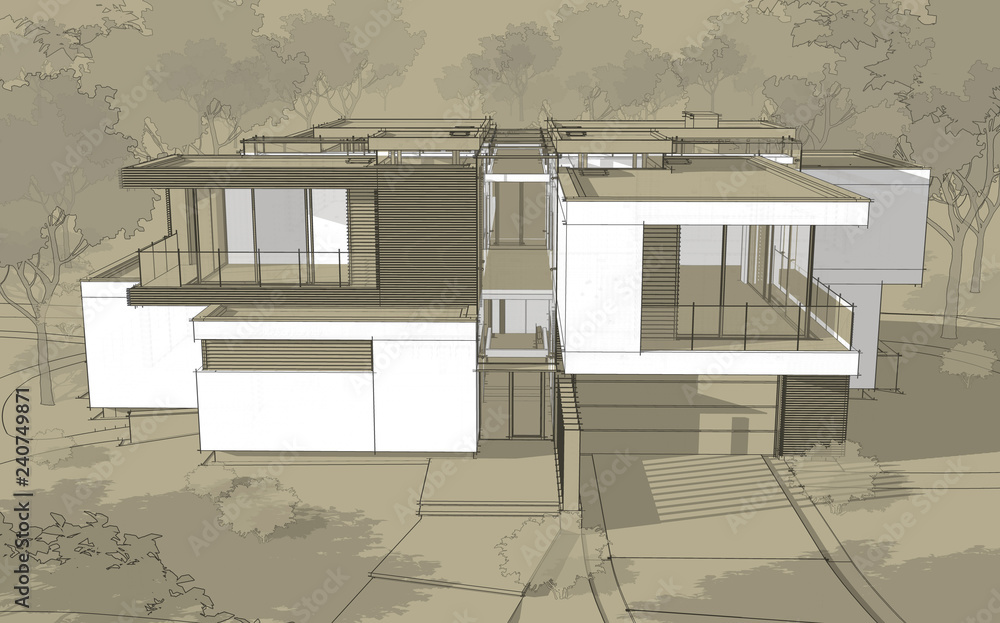 3d rendering sketch of modern cozy house with garage for sale or rent ...