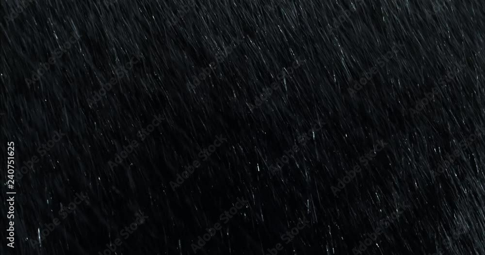 Diagonal heavy rain falling in front of the camera against black screen ...