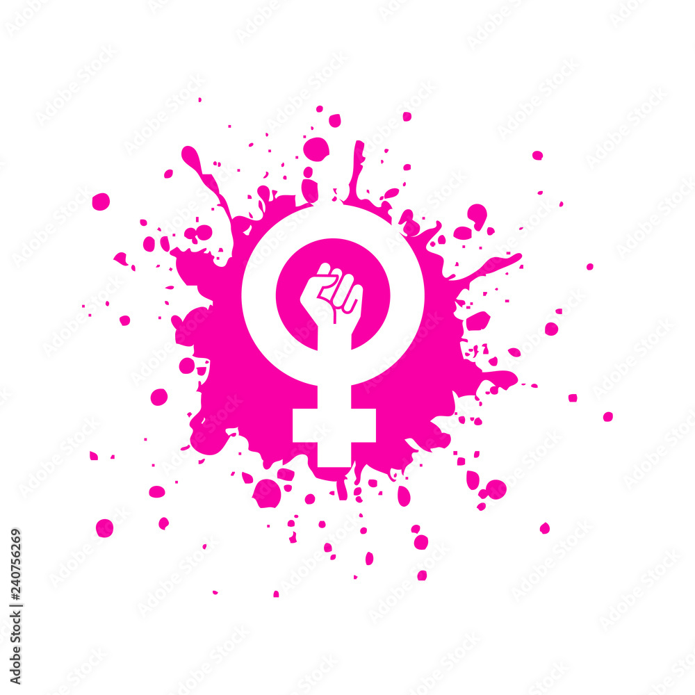 Icono plano símbolo feminista con puño en salpicadura en color rosa ...