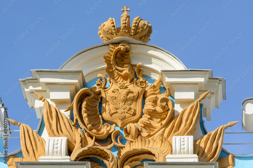 Crown, coat of arms and flag of the Russian Empire at the Grand ...