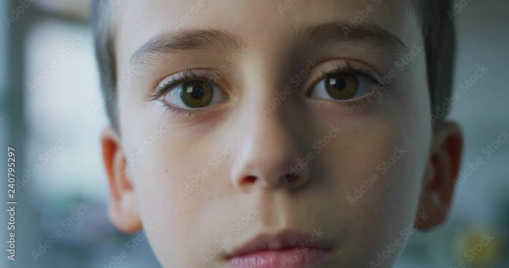 Close up portrait of a little boy with brown eyes looking in the camera ...