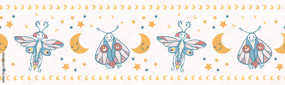 Cute vector cartoon lunar moth with happy smiling face. Seamless repeat ...