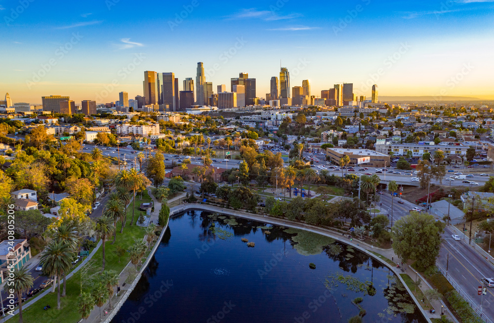 Beautiful aerial view of downtown Los Angeles skyline with skyscrapers ...