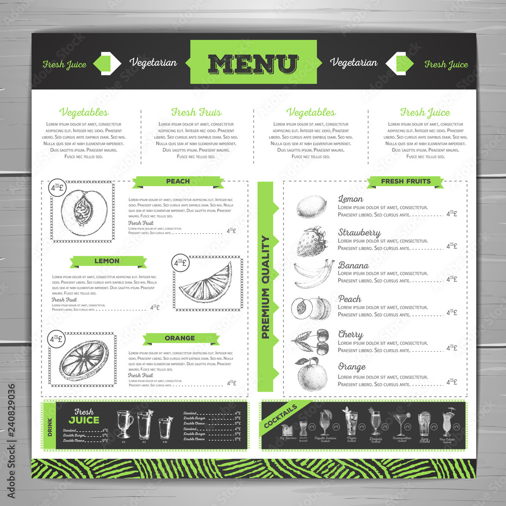 Vintage vegetarian food menu design. Fresh fruit sketch Stock Vector ...