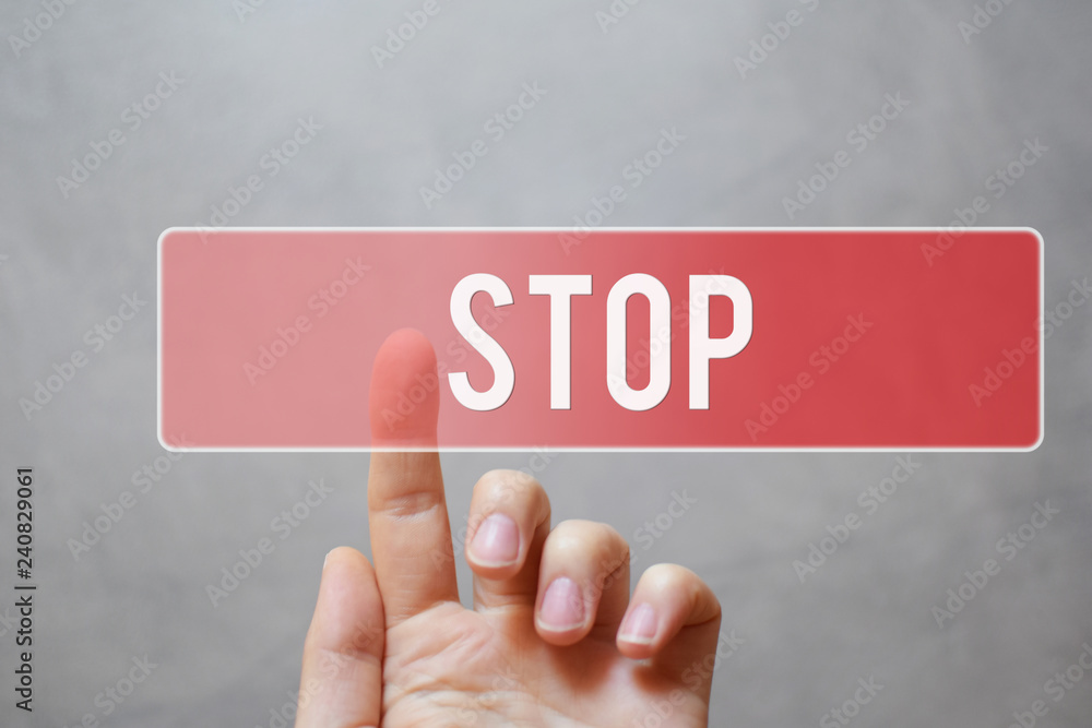 Stop - hand pressing red transparent button on virtual touchscreen ...