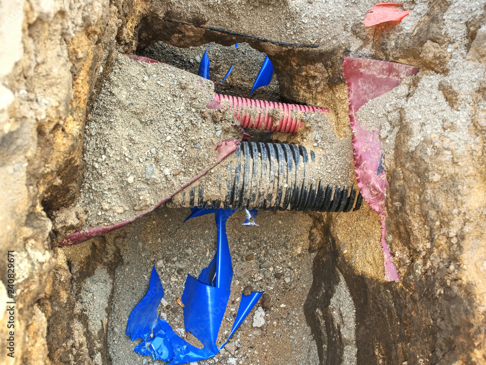 Building of lines of metallic and fiber optic cables connection. Stock ...