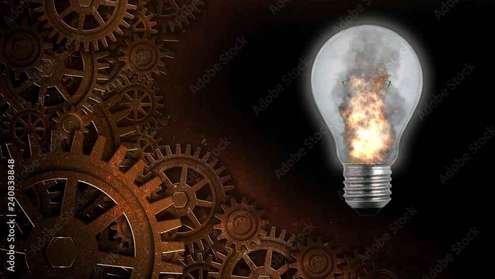Flaming Light Bulb with Gears features a light bulb on a black ...