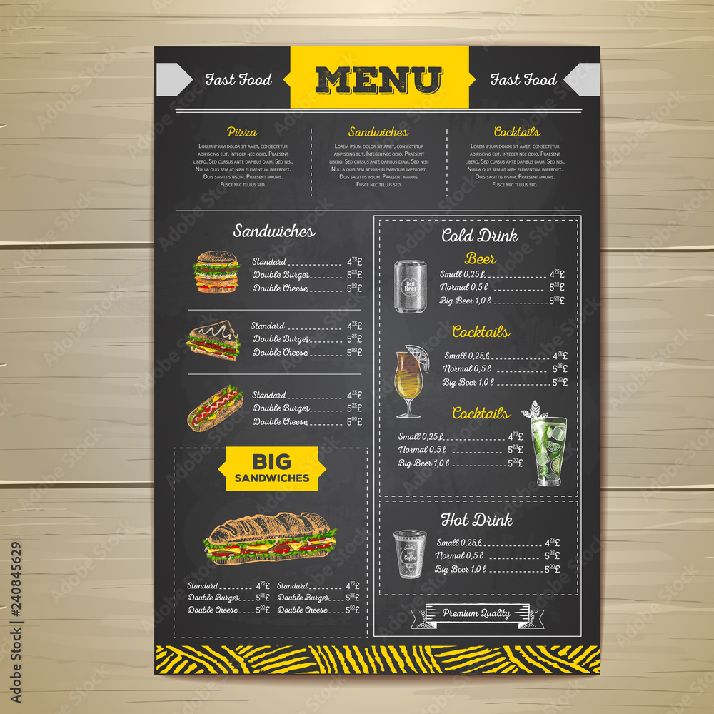 Vintage chalk drawing fast food menu design. Sandwich sketch corporate ...