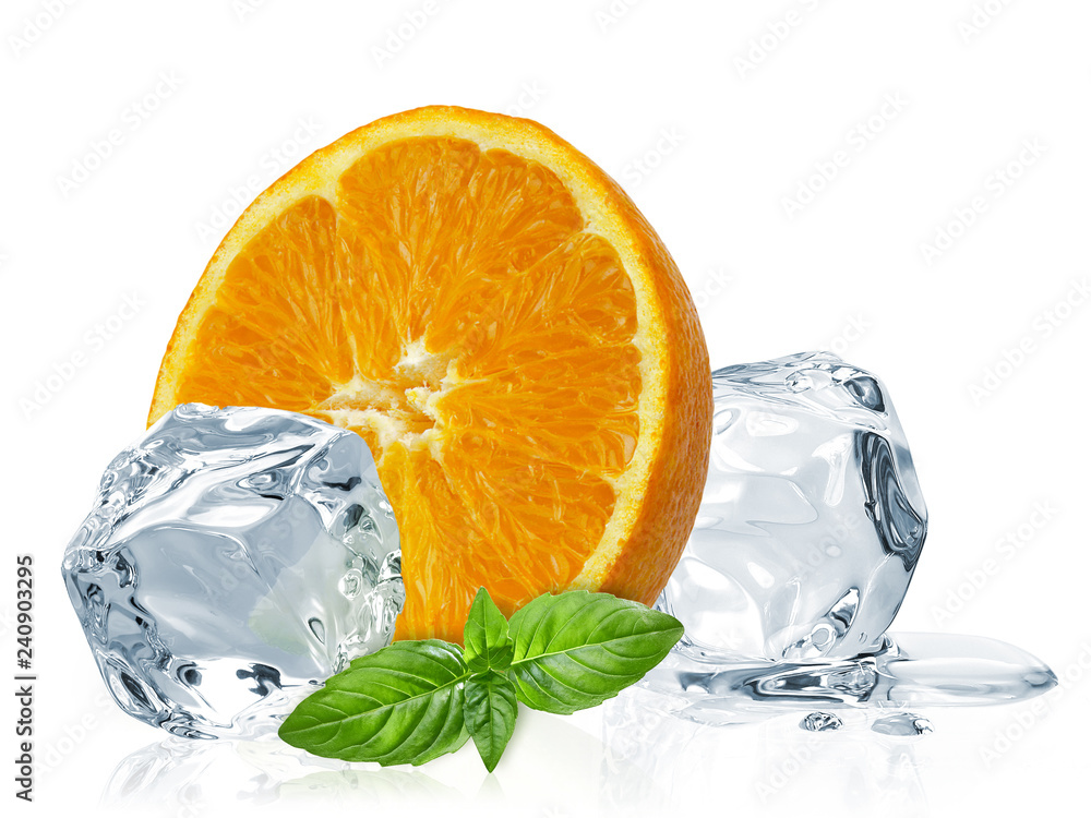Ice cubes with orange / ice cubes, orange and basil leaves isolated on ...