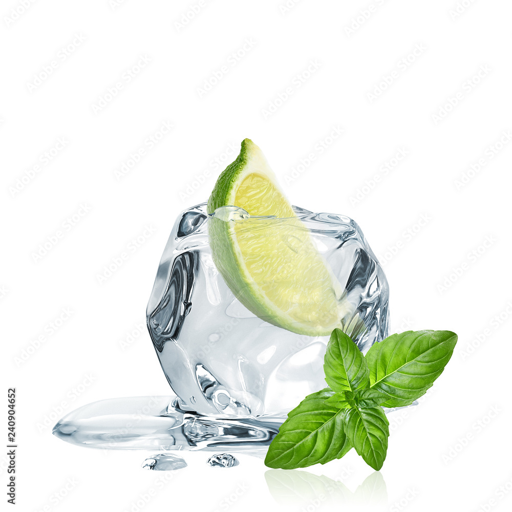 Ice cubes with lime / ice cubes, lime and basil leaves isolated on ...