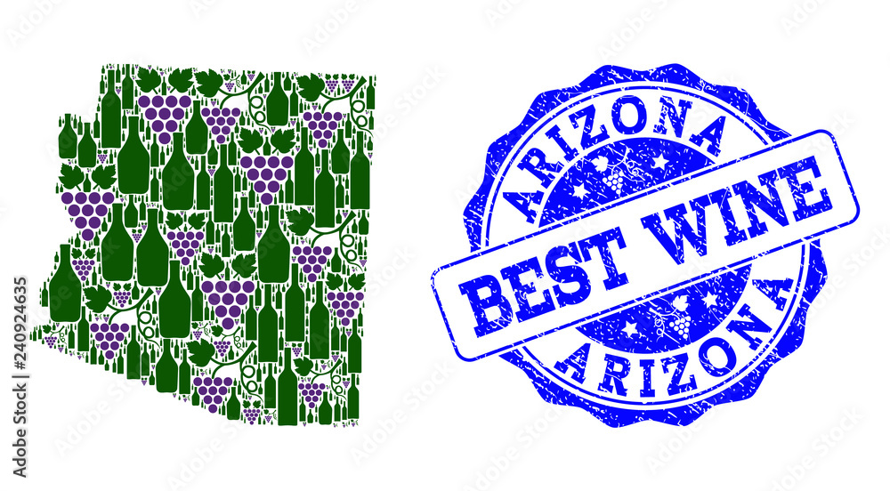 Vector collage of grape wine map of Arizona State and grunge seal stamp ...