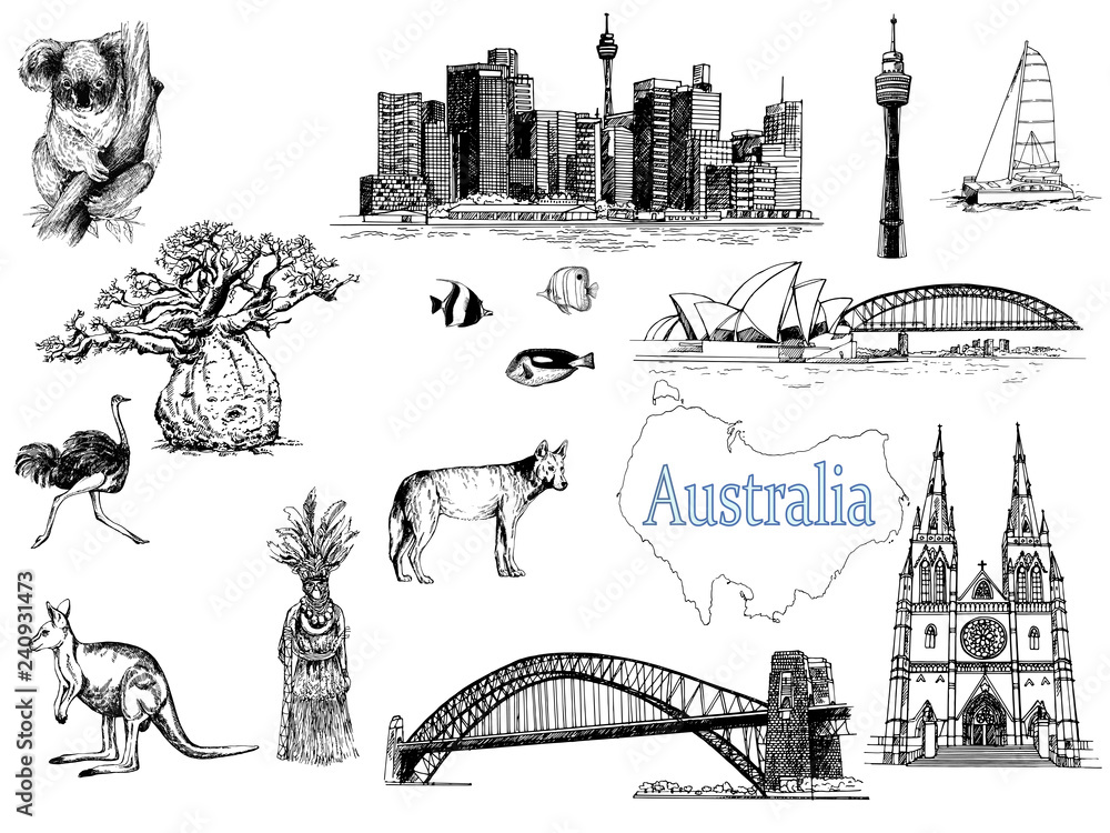 Set of hand drawn sketch style Australia themed objects isolated on ...