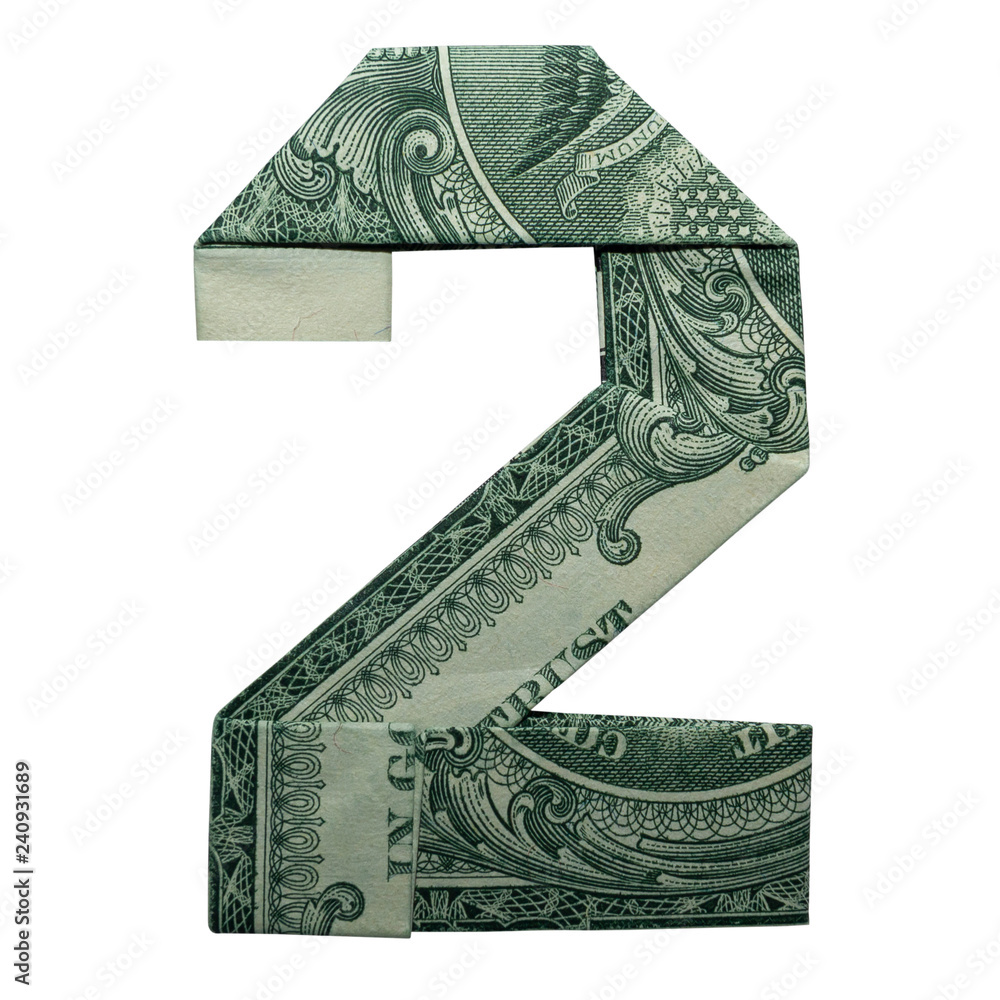 Money Origami DIGIT 2 Number Folded with Real One Dollar Bill Isolated ...