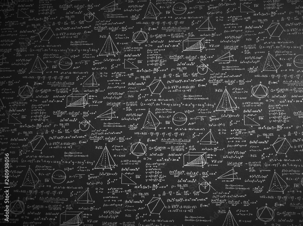 Pattern and symbol with mathematics equation and calculations on black ...