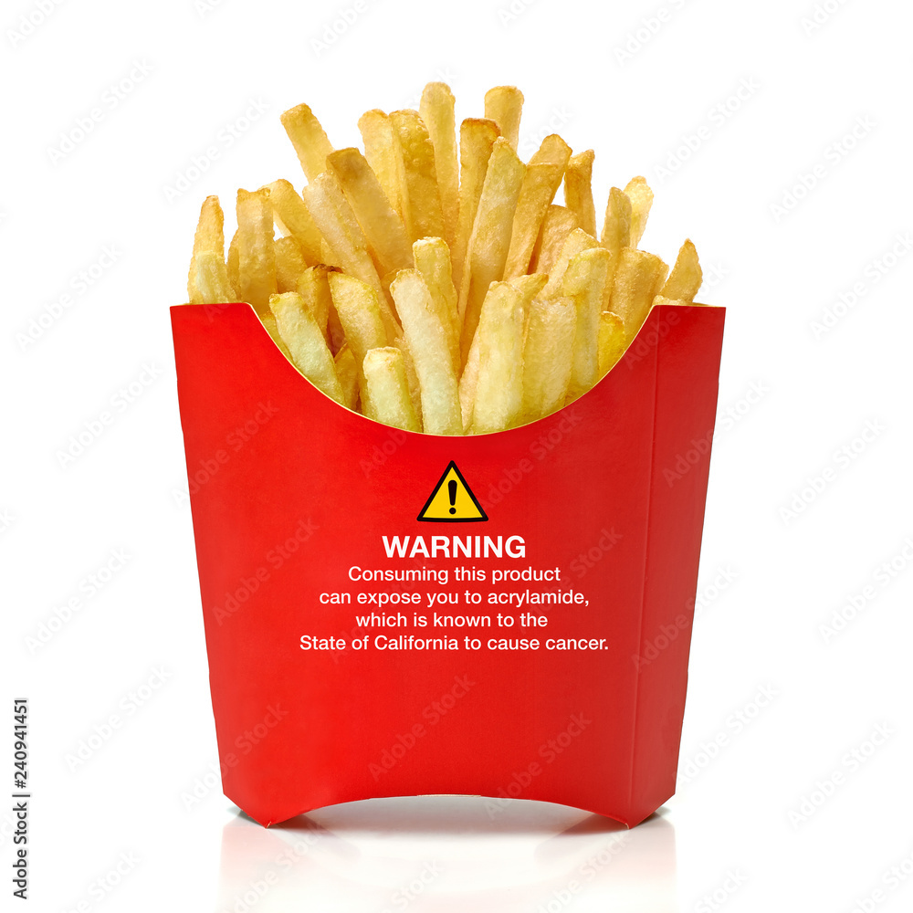 French fries with acrylamide warning sign isolated on white background ...