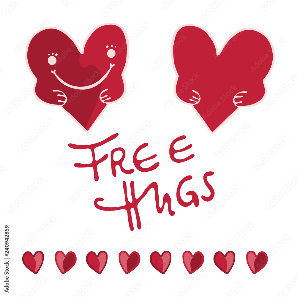 Red cartoon heart with hands and free hugs lettering Hand drawn vector ...