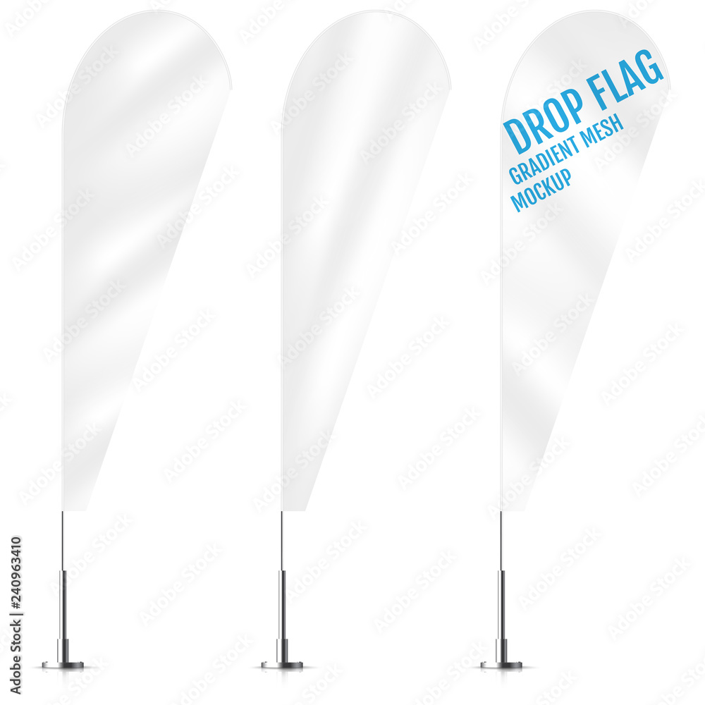 White textile drop banner flags. Banner flag mockups set. Drop concept ...