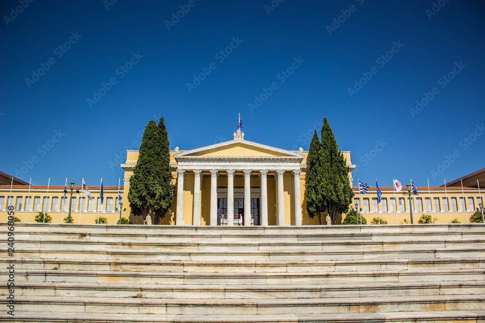 symmetry antique marble palace with front pillars and stairs on ...