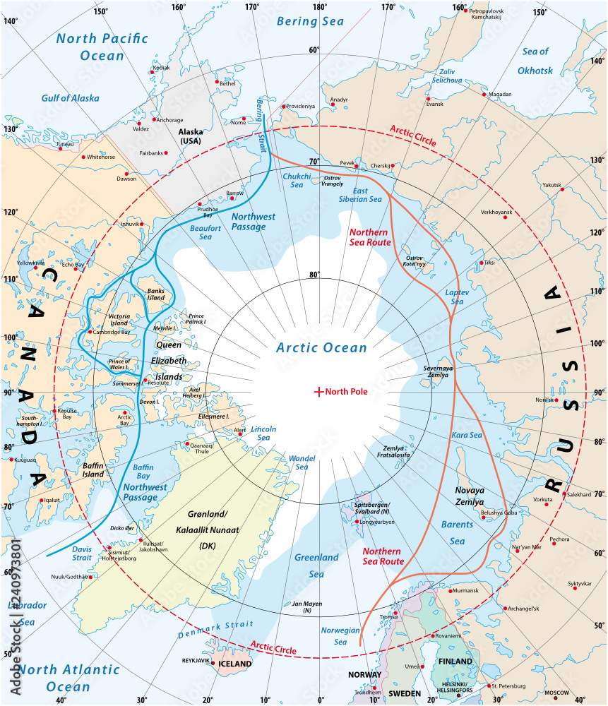 Map of the Arctic region, the northwest passage and the northern sea ...