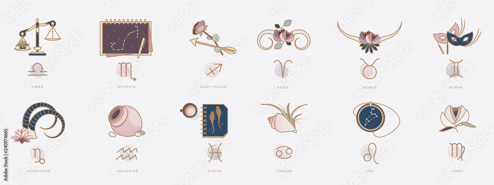 Horoscope symbols in feminine style, zodiac signs Stock Vector | Adobe ...