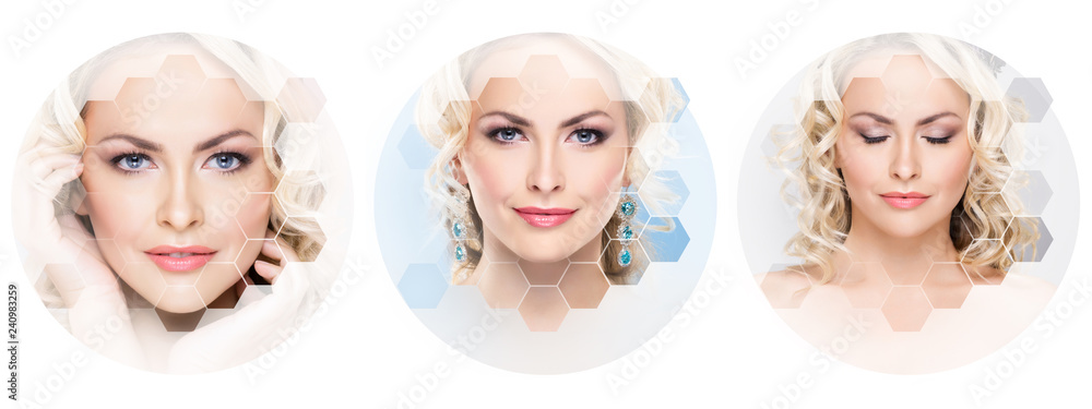 Collage of female portraits. Healthy faces of young women. Spa, face ...