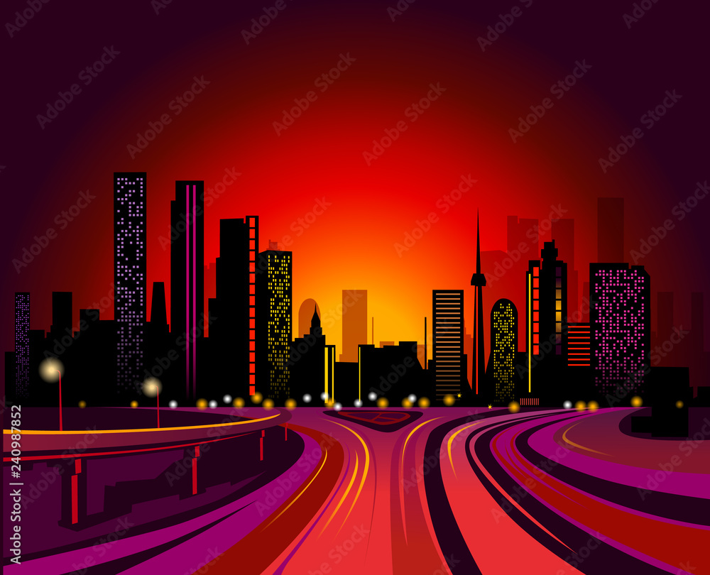 Futuristic night city. Cityscape on a dark background. Wide highway ...