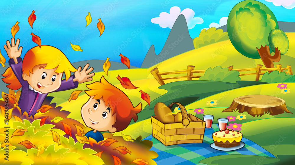 cartoon happy and funny scene with kids in the park having fun and ...