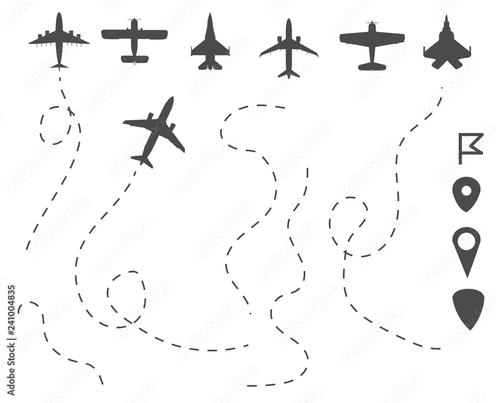 Plane trace. Set of vector elements. Concept of planning routes and ...